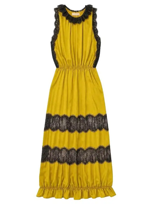 Ulla Johnson Alix Sleeveless Silk Midi Dress With Lace Trim - Citrine