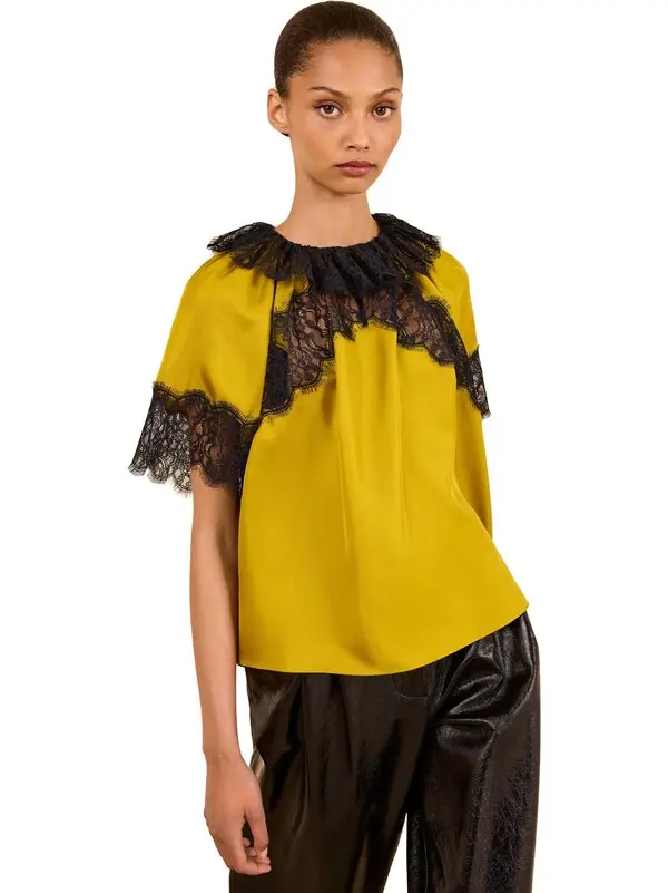 Ulla Johnson Nina Short Sleeve Silk Blouse With Lace Details - Citrine