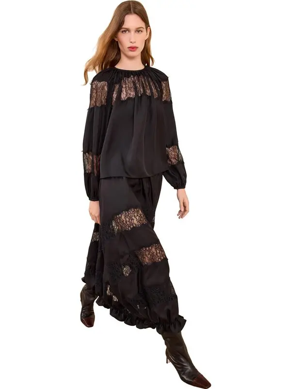 Ulla Johnson Bess Long Sleeve Silk Blouse With Chantilly Lace - Noir