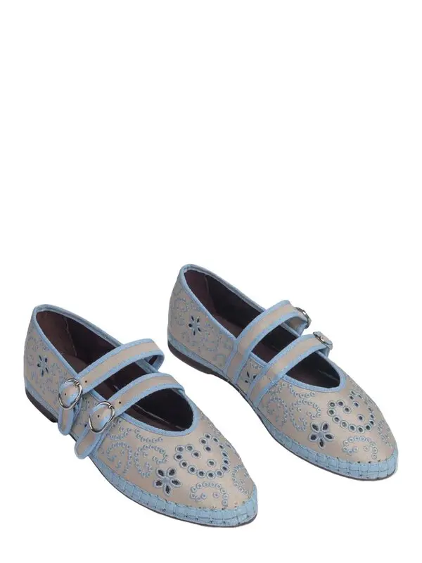FLABELUS X Roller Rabbit Eyelet Embroidered Mary Jane Flats - Light Grey