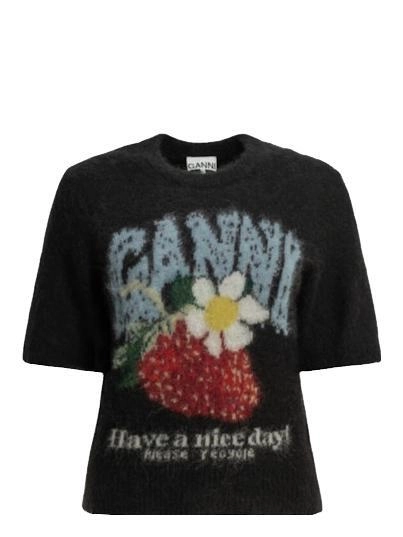 GANNI Strawberry Graphic Crewneck Sweatshirt - Black