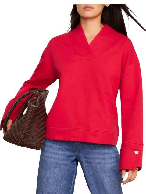Mint Velvet Cotton V-neck Sweatshirt With Button Detail - Red