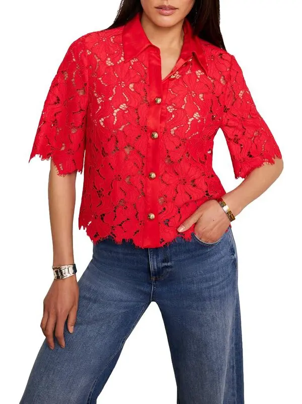 Mint Velvet Lace Cropped Shirt - Red
