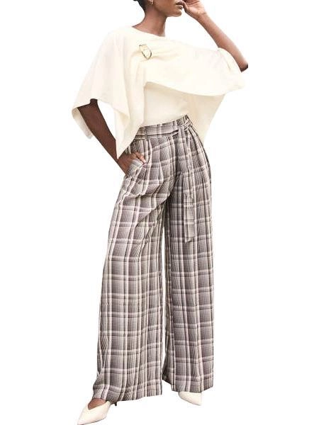Mint Velvet Check Wide-leg Trousers With Tie Waist - Brown
