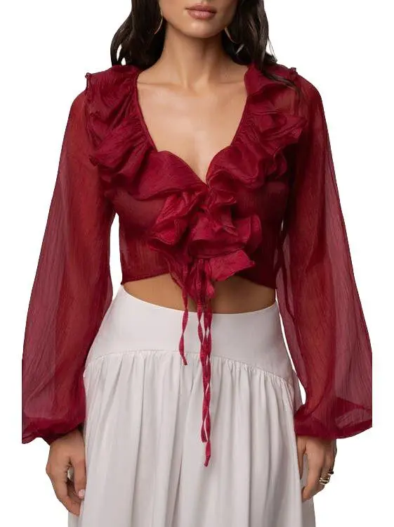 JLUXLABEL Delilah Ruffled Tie Front Cropped Blouse - Berry