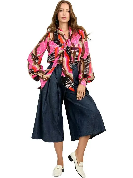 Trina Turk Pienza Printed V-neck Tie Neck Long Sleeve Blouse - Giostra