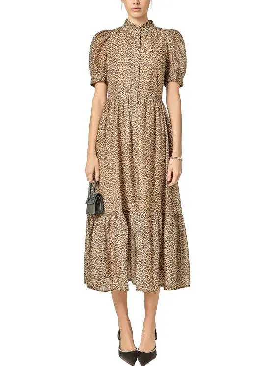 English Factory Print Organza Puff Sleeve Midi Dress - Leopard