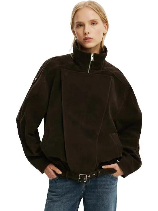 COTTON ON Faux Suede Biker Jacket With Belted Hem - Dark Oak