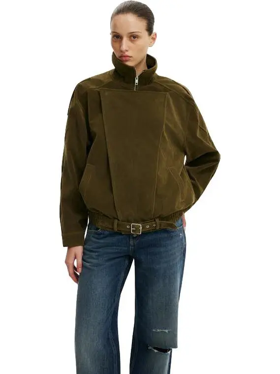 COTTON ON Faux Suede Biker Jacket With Belted Hem - Dark Olive