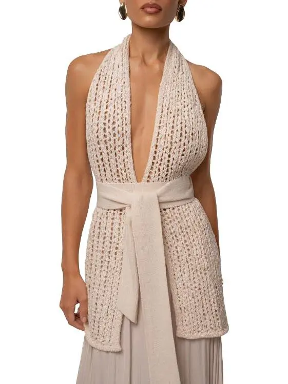 JLUXLABEL Low Tide Crochet Halter Top With Adjustable Waist Sash - Ivory