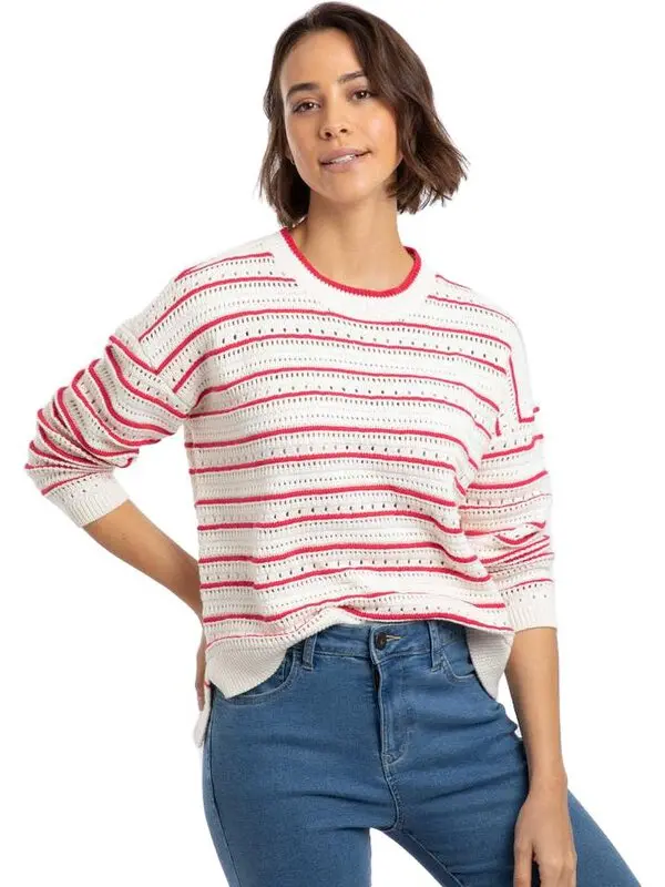 WEIRD FISH Liah Pointelle Striped Crew Neck Jumper - Deep Pink