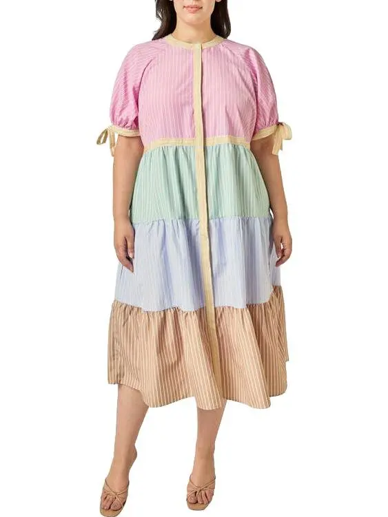 English Factory Colorblock Stripe Tiered Midi Dress - Multi