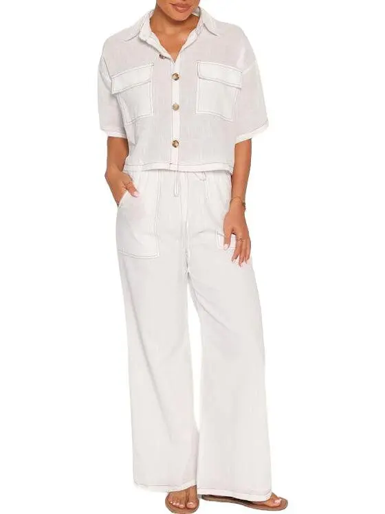 PETAL & PUP Cotton Wide Leg Pants With Contrast Stitching - White