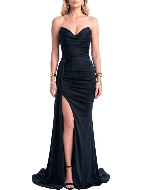 JESSICA ANGEL Strapless Sweetheart Mermaid Gown With Side Drape And Slit - Black