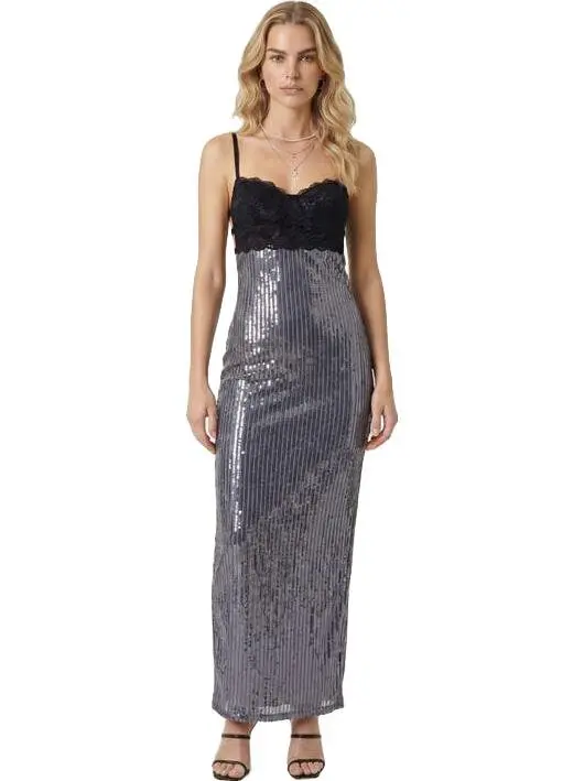MODENAIRE Sequin Lace Bustier Maxi Dress - Silver/black