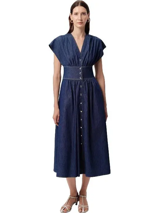 EXQUISE Fitted Denim Midi Dress With V-neck And Belted Waist - Blue