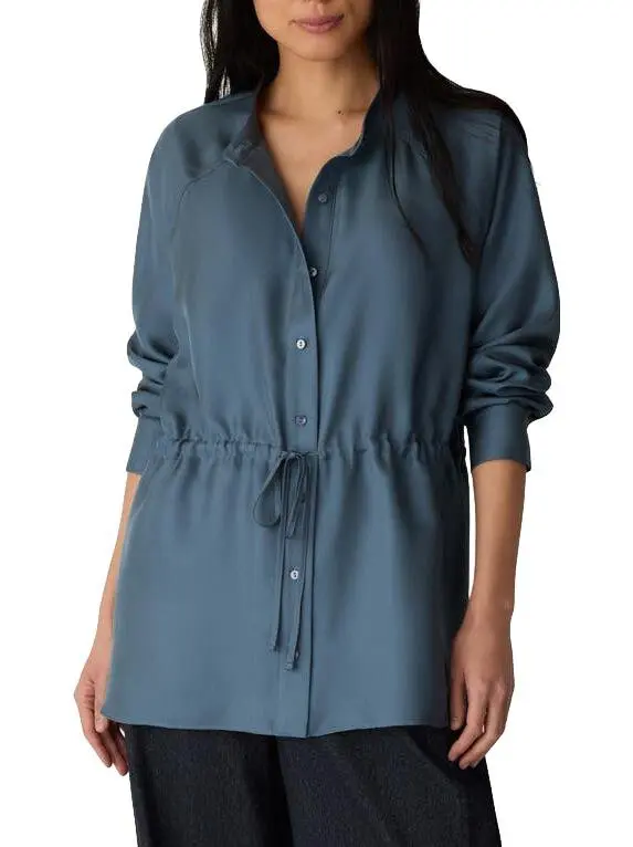 Eileen Fisher Silk Mandarin Collar Shirt With Drawstring Waist - Cold Spring