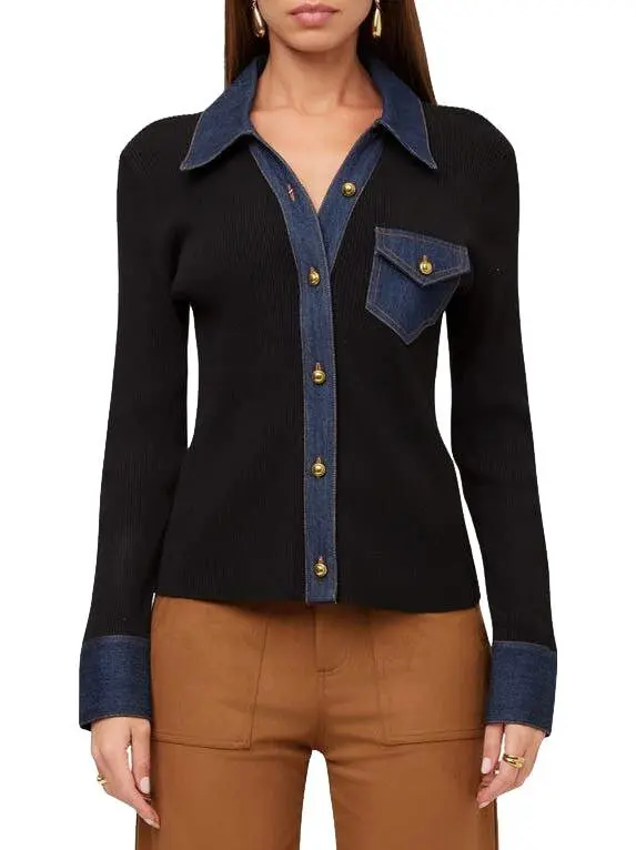 Fifteen Twenty Ribbed Cardigan With Denim Trim - Black