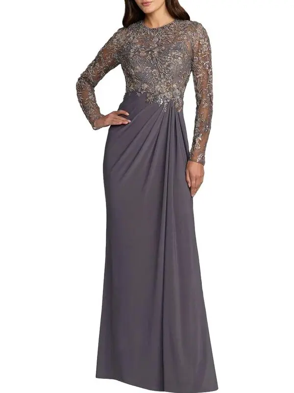 Mac Duggal Long Sleeve Beaded Embroidered Gown - Charcoal