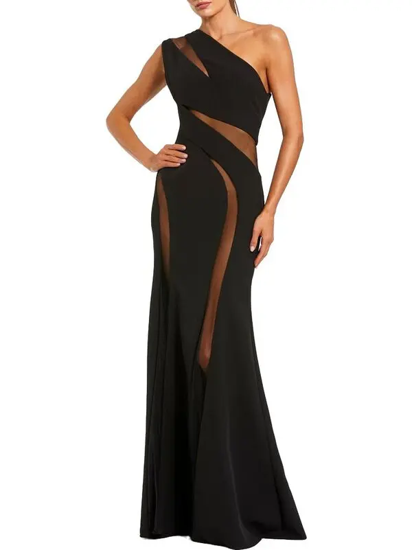 Mac Duggal One Shoulder Illusion Cutout Gown - Black