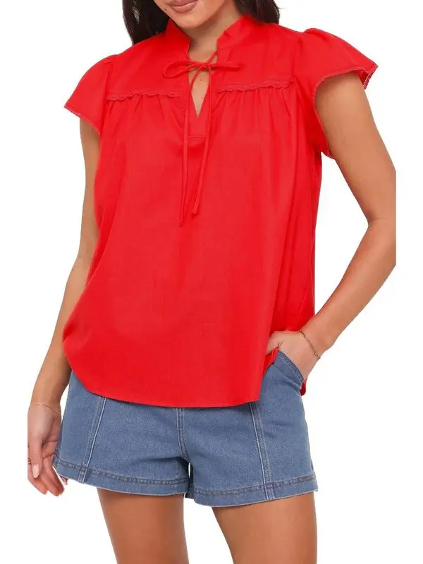 PETAL & PUP Kylie Flutter Sleeve Top With Tie Neckline - Red