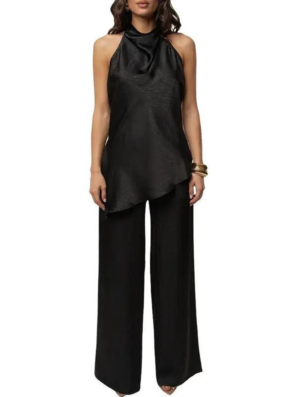JLUXLABEL Draped Satin Halter Top And High-waisted Trouser Set - Black