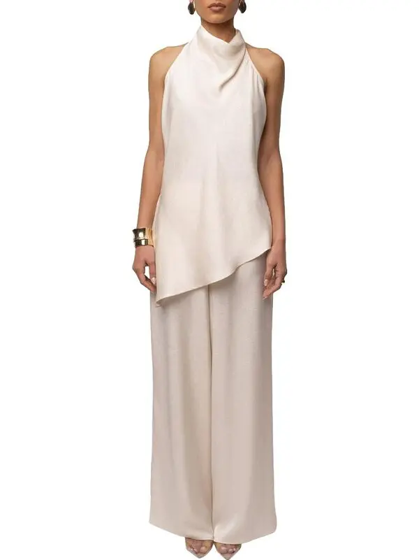 JLUXLABEL Draped Satin Halter Top And High-waisted Trouser Set - Cream