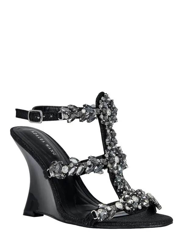 AZALEA WANG Porceline Wedge Sandal With Floral Rhinestone Embellishments - Black