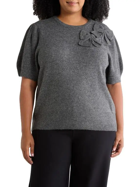 CECE DUPRAZ Bow Appliqué Short Sleeve Sweater - Medium Heather Grey