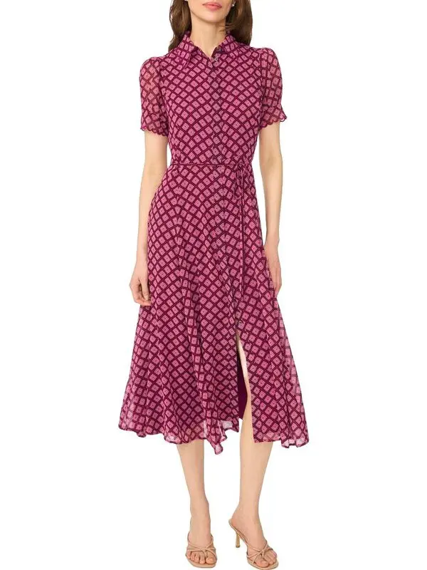CECE DUPRAZ Printed Puff Sleeve Midi Shirtdress - Deep Mulberry