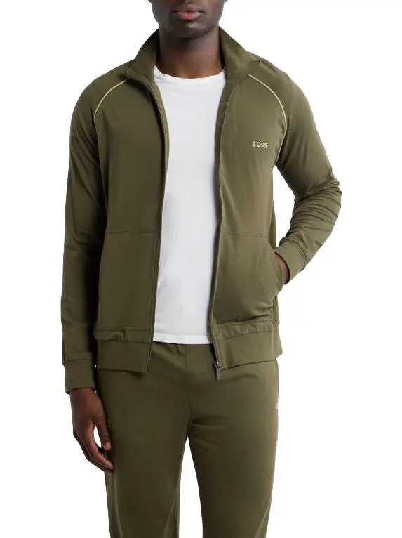 BOSS Full Zip Hoodie With Stand Collar And Raglan Sleeves - Open Green