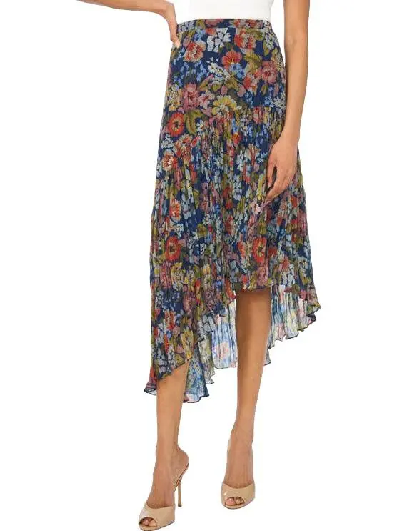 Vince Camuto Floral Asymmetric Ruffle Skirt - Classic Navy