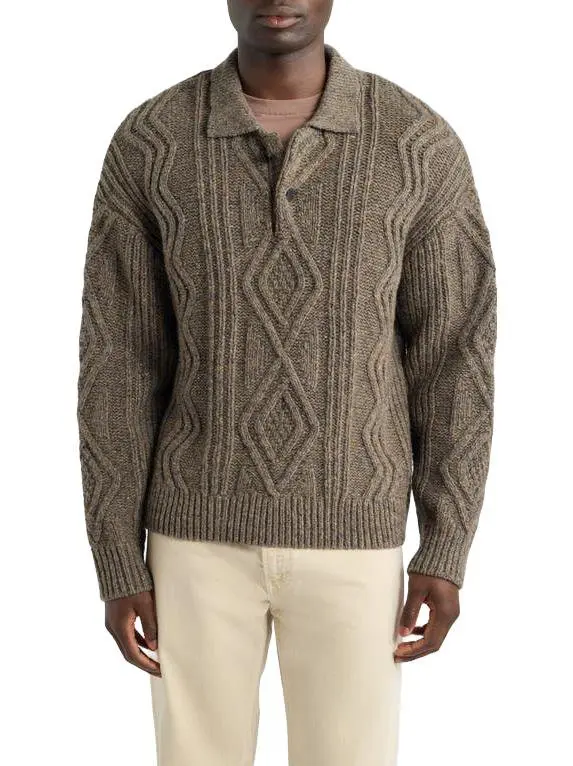FRAME Cable Knit Polo Sweater - Brown Olive