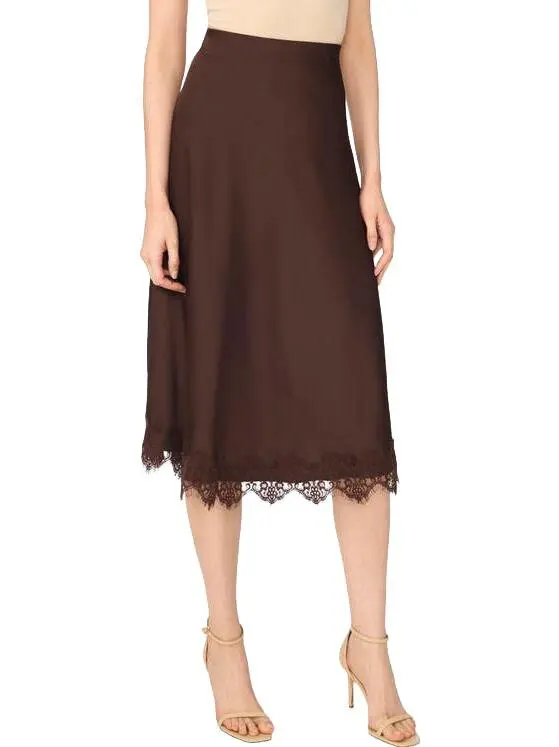 CECE DUPRAZ Lace Trim Satin Midi Skirt - Coffee Bean