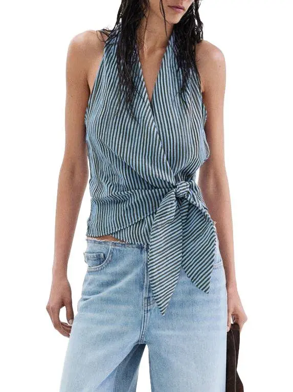Mango Striped Halter Top With Knot Detail - Blue