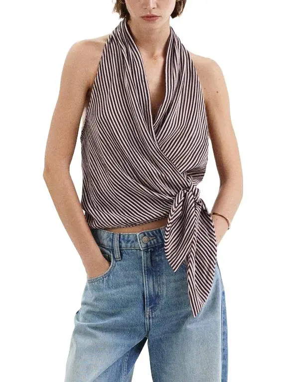 Mango Striped Halter Top With Knot Detail - Maroon