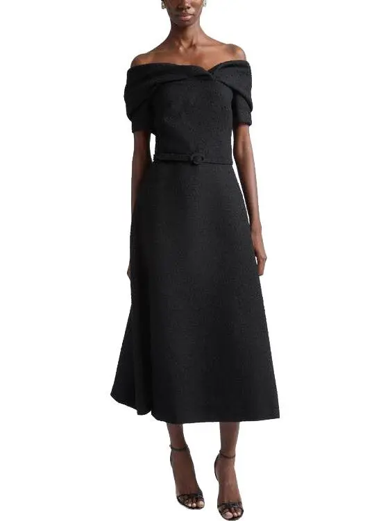 Oscar De La Renta Off-the-shoulder Tweed Midi Dress - Black