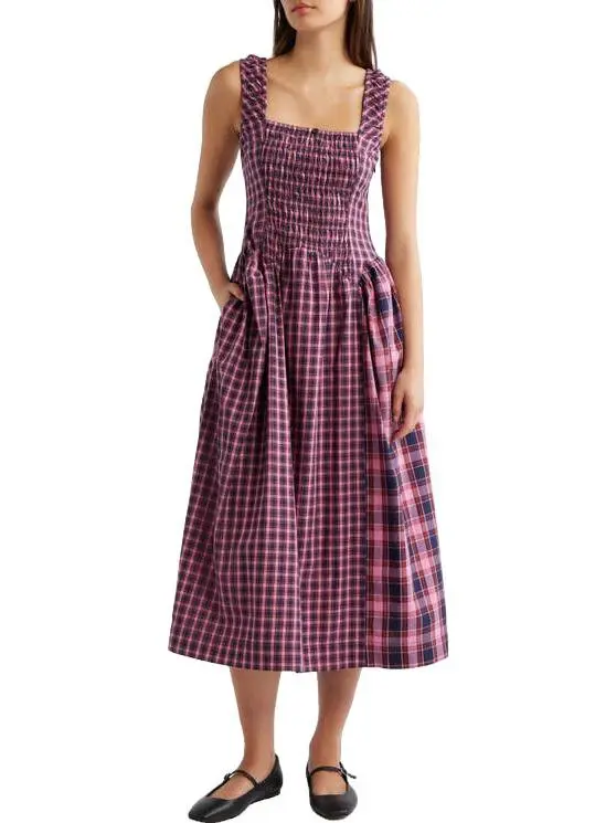 DAMSON MADDER Plaid Smocked Midi Dress - Magenta