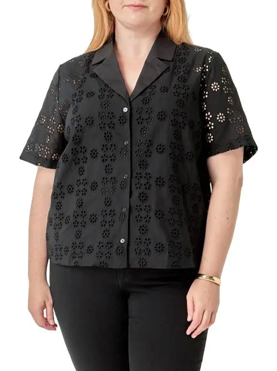 English Factory Embroidered Eyelet Cotton Camp Shirt - Black