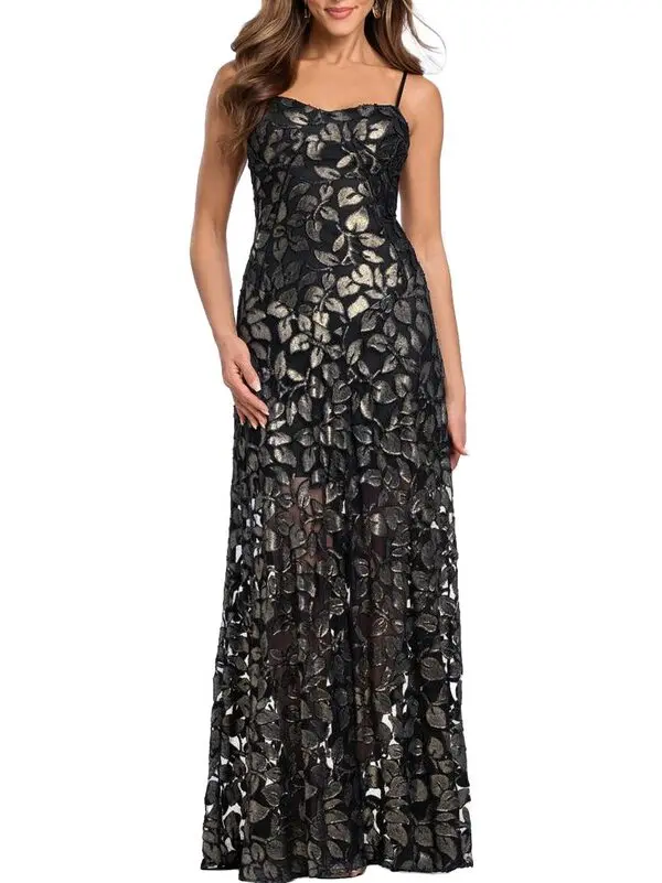 Betsy & Adam Metallic Leaf Burnout Gown - Blk/gold