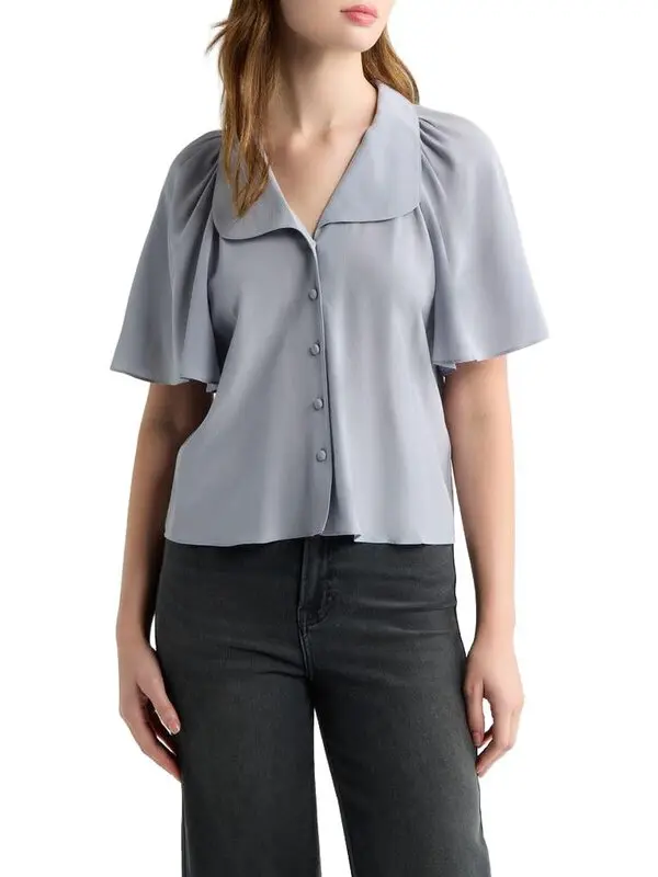 FRAME Gala Silk Short Sleeve Shirt - Grey Blue