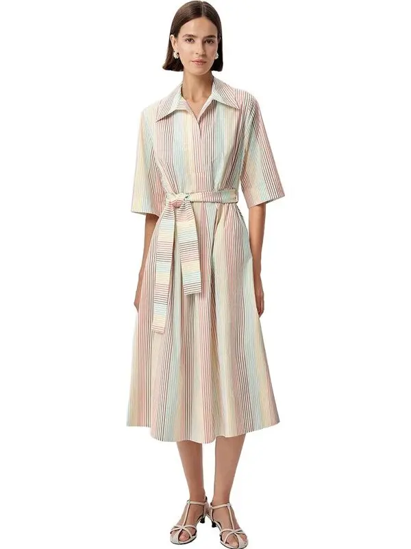EXQUISE Keitha Belted Striped Midi Dress - Multi Color