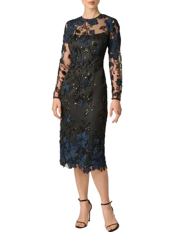 Aidan Mattox 3d Embroidered Sequin Cocktail Dress - Navy/black