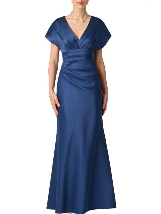Aidan Mattox Pleated Stretch Mikado Gown - Navy
