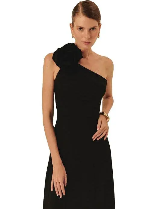 EXQUISE Emmy Midi Dress With Rose Appliqu - Black