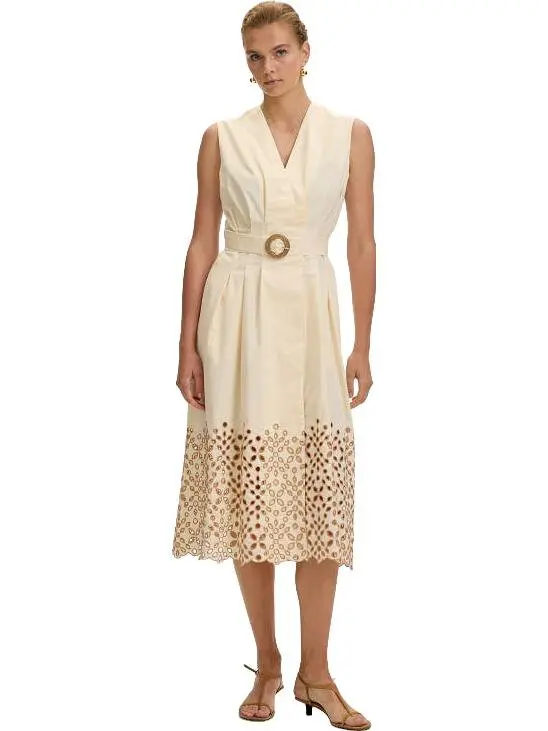 EXQUISE Sleeveless V-neck Belted Midi Dress - Cream