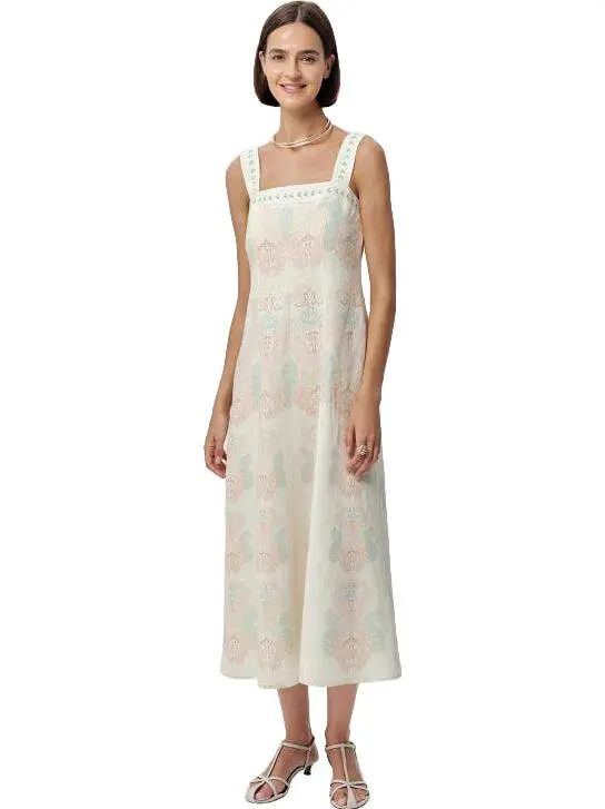 EXQUISE Elvis Square Neck Linen Midi Dress - Multi Color