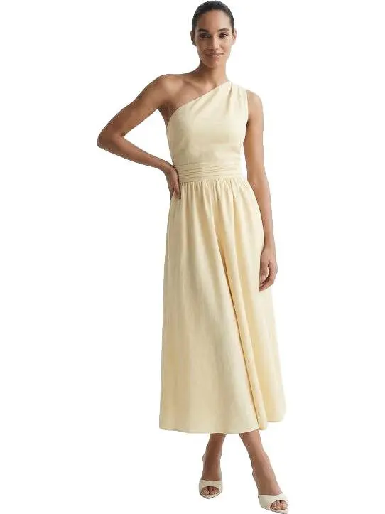 EXQUISE Asymmetrical One Shoulder Linen Blend Midi Dress - Ecru