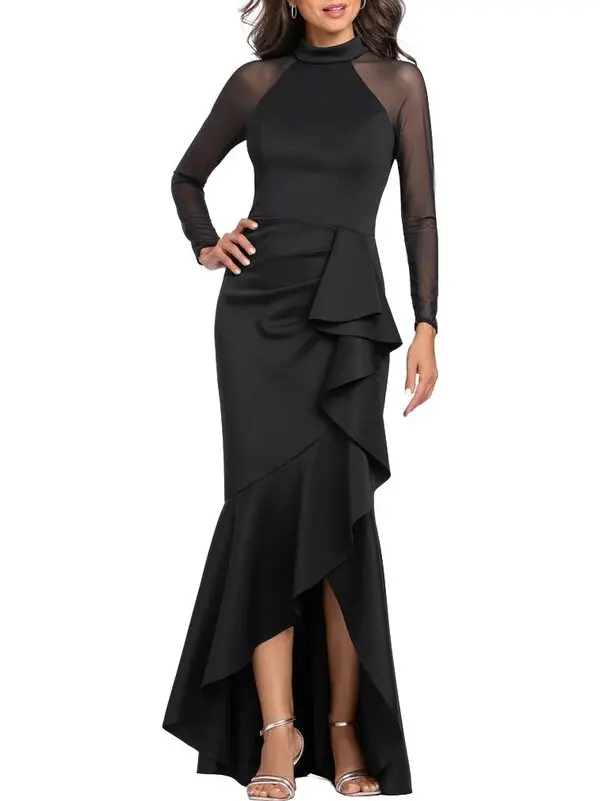 Betsy & Adam Scuba & Mesh High-low Gown With Ruffles - Black