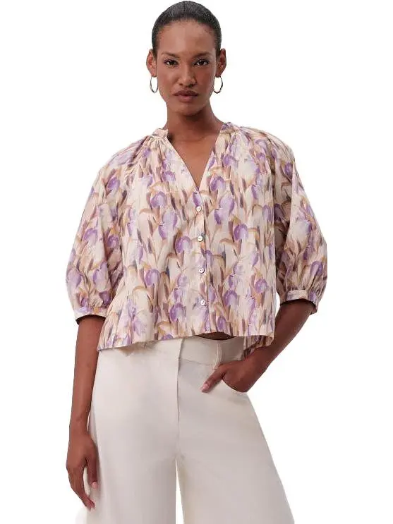 EXQUISE Floral V-neck Short Sleeve Shirt - Multi Color